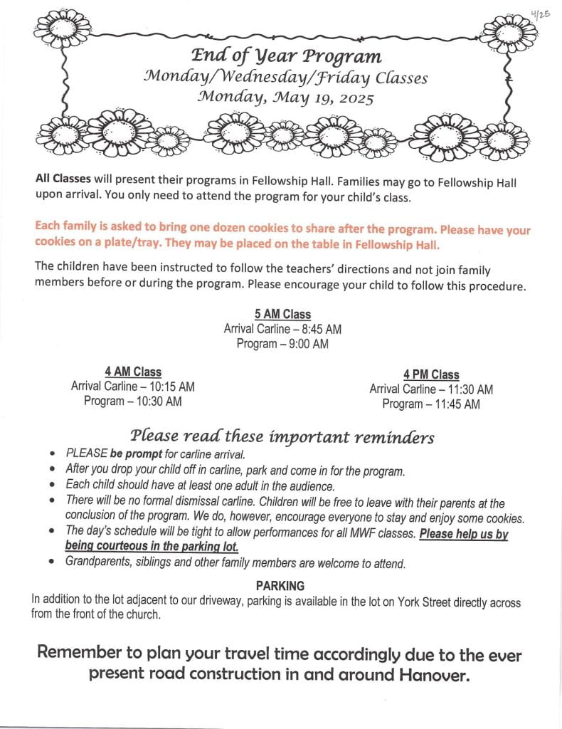 End of Year Program Days and Times | Trinity Nursery News